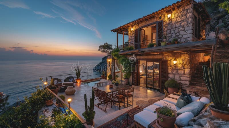 Cozy Cliffside Patio with Stunning Sunset Ocean View Stock Illustration ...