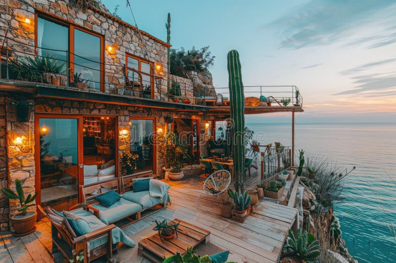 Cozy Cliffside Patio with Stunning Sunset Ocean View Stock Illustration ...