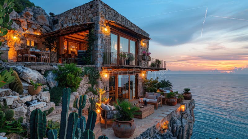 Cozy Cliffside Patio with Stunning Sunset Ocean View Stock Illustration ...