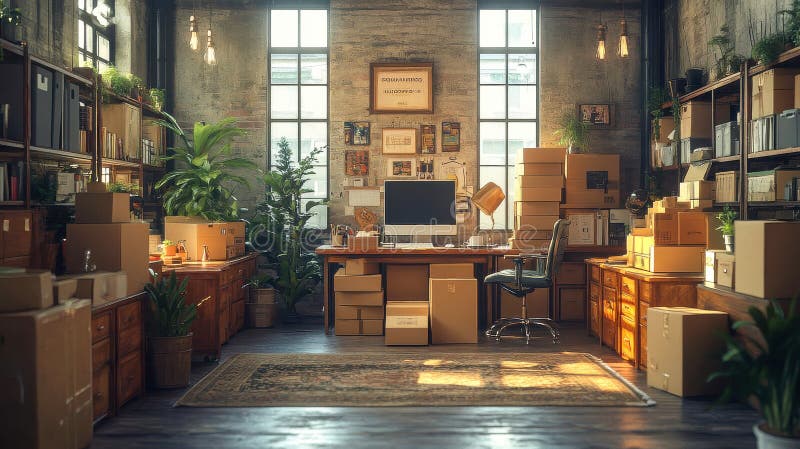 Cozy and Cluttered Workspace with Moving Boxes, Natural Light, and ...