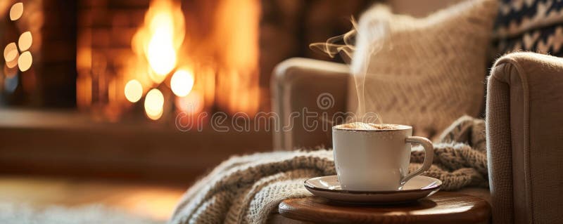 A Cozy Coffee Background with a Fireplace in the Background, a Comfy ...