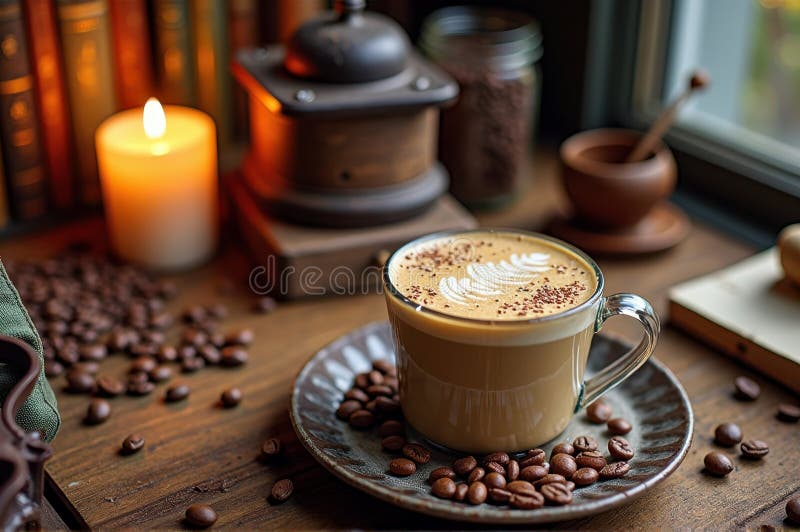 Cozy Coffee Break with Cappuccino, Beans, and Candle in Warm Library ...