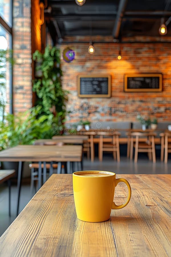 Cozy Coffee Break Yellow Coffee Cup on a Rustic Table in a Warm, Blurred Cafe Interior Stock ...