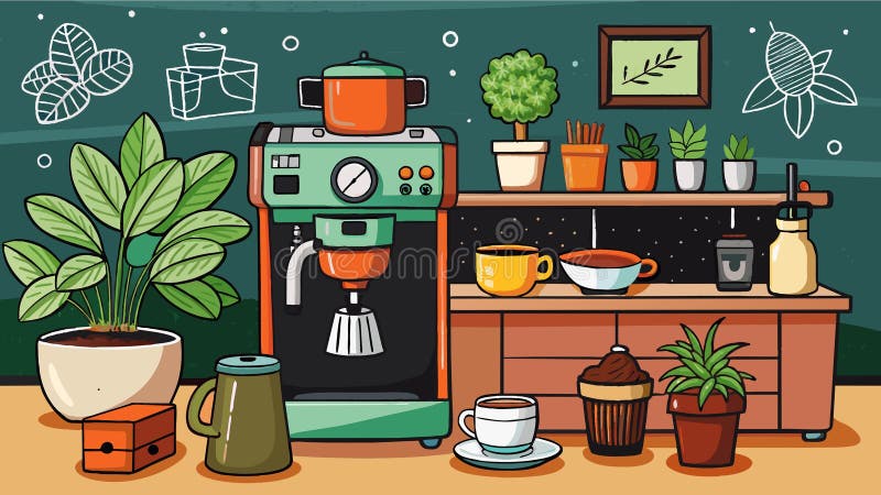Cozy Coffee Corner with Espresso Machine and Houseplants Illustration ...