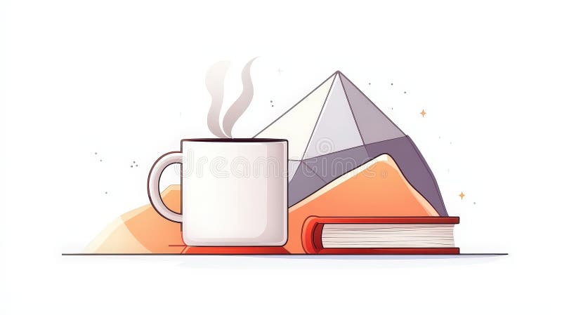 Cozy Coffee Cup, Open Book and Pyramid Illustration with Steam on White ...