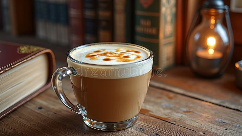 Cozy Coffee Cup in Rustic Library Setting with Warm Ambient Lighting ...