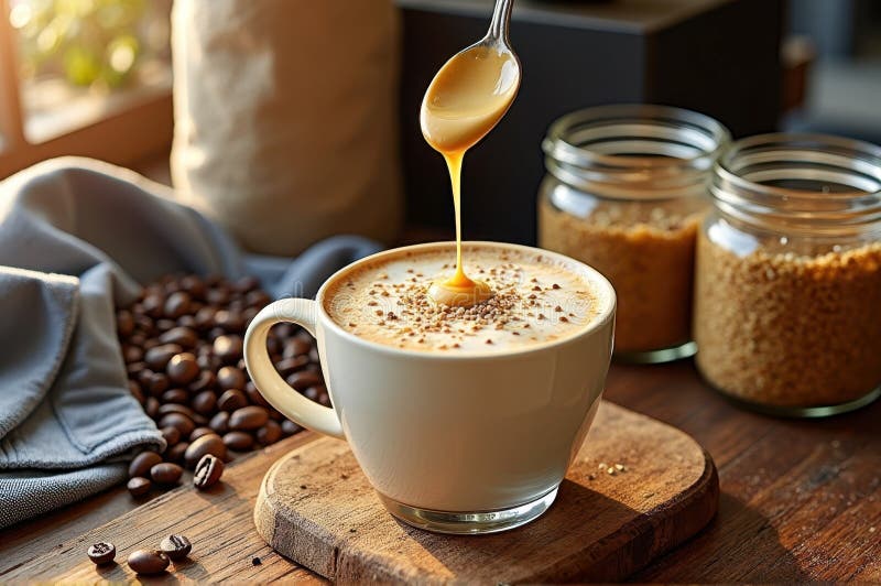 Cozy Coffee Moment: Frothy Cappuccino with Drizzle and Coffee Beans in ...