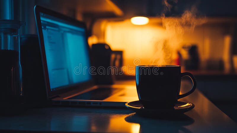 Cozy Coffee Scene with Laptop in Warm Kitchen Light Creating Inviting ...