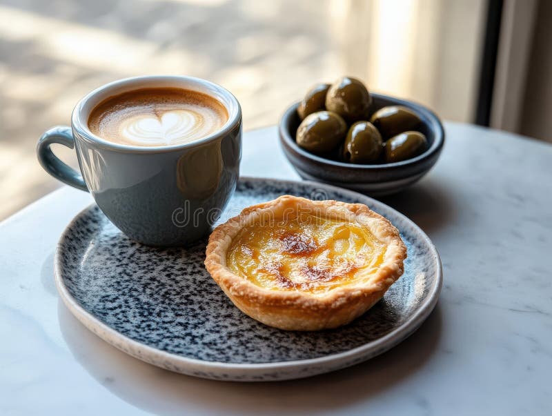 A Cozy Coffee Setup Featuring a Latte, a Custard Tart, and Olives on a ...