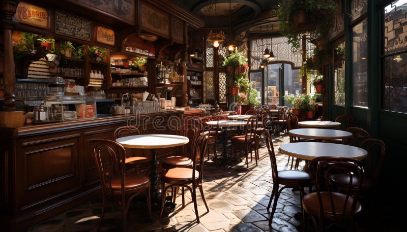 Cozy Coffee Shop with Modern Wood Decor, Illuminated by Night Generated ...