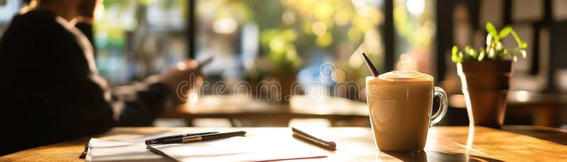 A Cozy Coffee Shop Scene with a Cup of Coffee Notebook and Sunlight ...