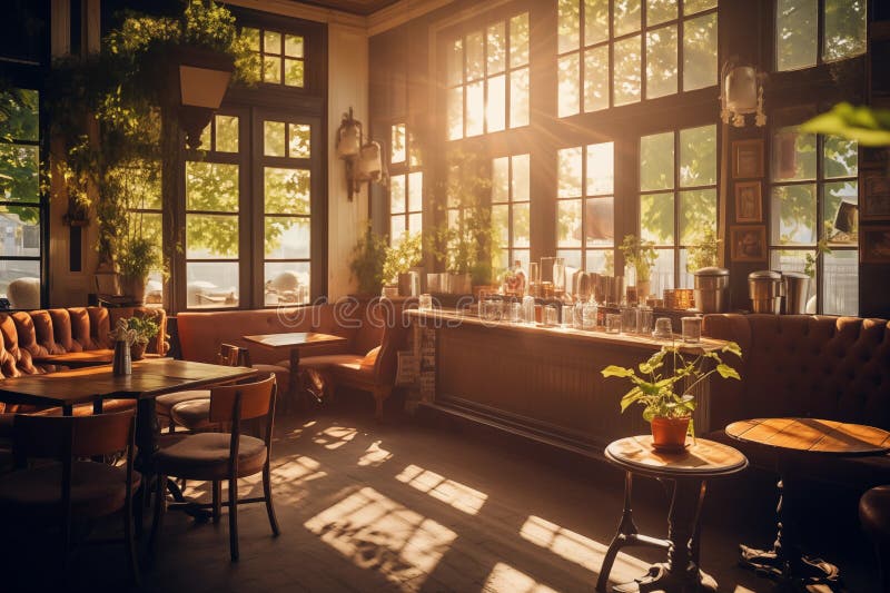 Cozy Coffee Shop with Sunlight Streaming through the Windows ...