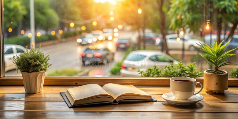 Cozy Coffee Shop Window View with Open Book, Coffee, and Plants, Coffee ...