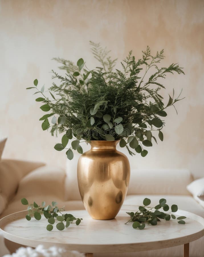 Cozy Coffee Table with Golden Vase Surrounded by Greenery. Stock Photo ...