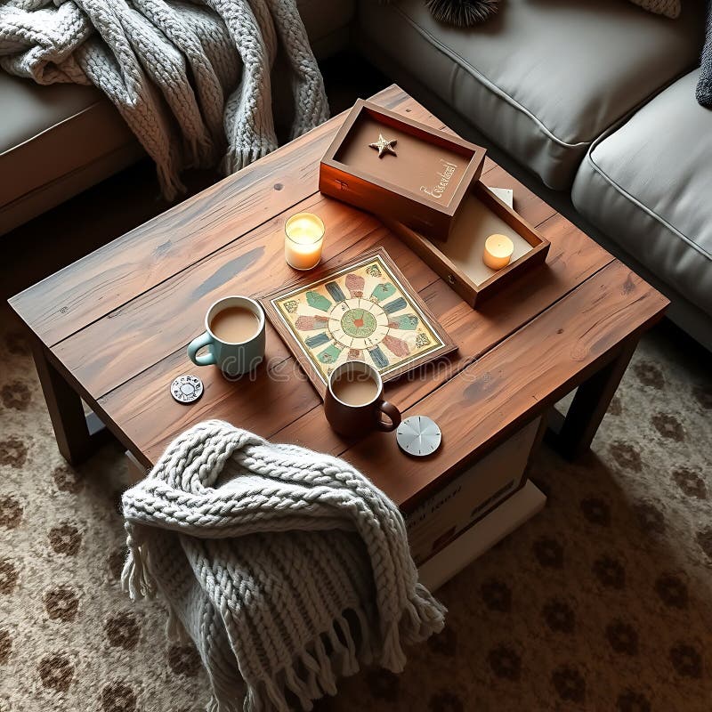 A Cozy Coffee Table with a Rustic Wooden Surface Adorned with a Cozy ...