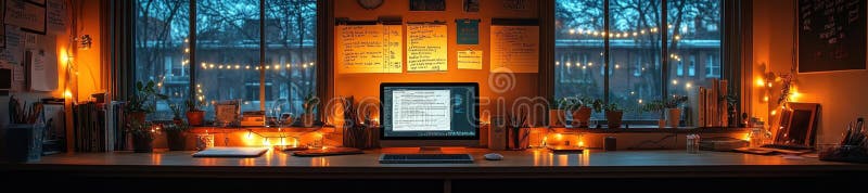 Study Desk in a Dorm Room with String Lights and a Bulletin Board Full ...