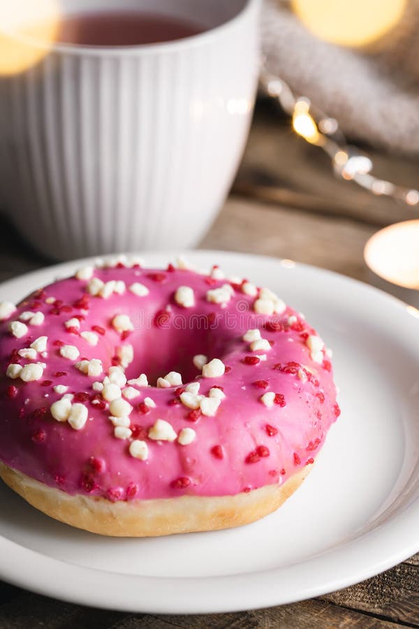 Cozy Composition with Donut and Cup of Tea. Stock Image - Image of ...
