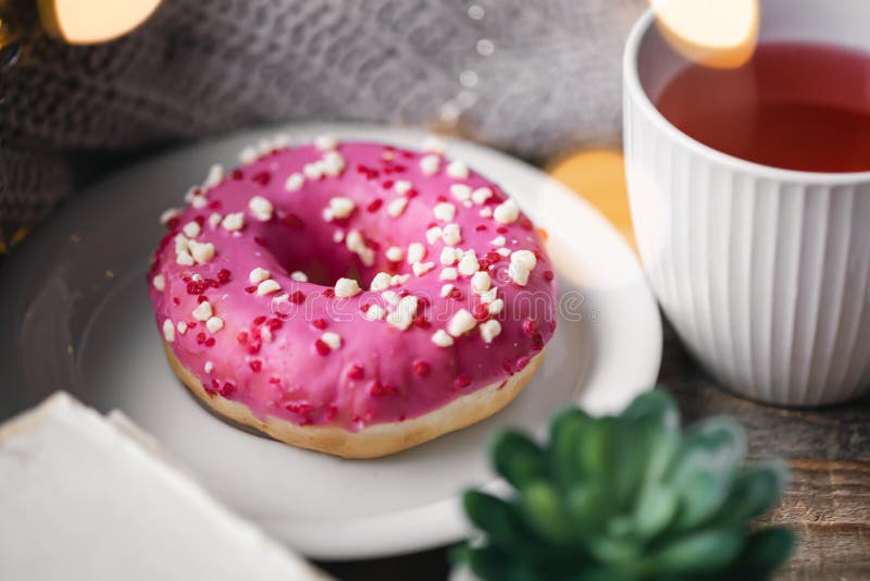 Cozy Composition with Donut and Cup of Tea. Stock Photo - Image of ...