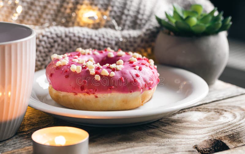 Cozy Composition with Donut and Cup of Tea. Stock Photo - Image of ...