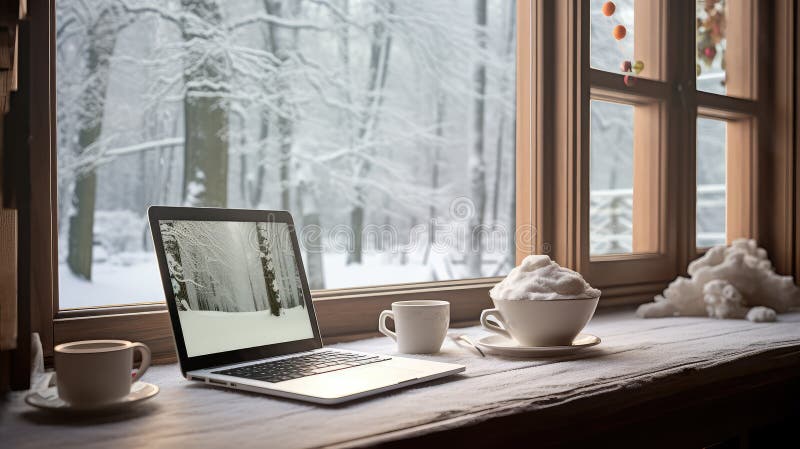 Cozy computer and snow stock illustration. Illustration of wooden ...