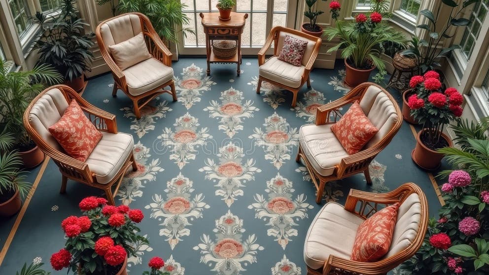 Cozy Conservatory with Rattan Chairs and Floral Pattern Rug Surrounded ...