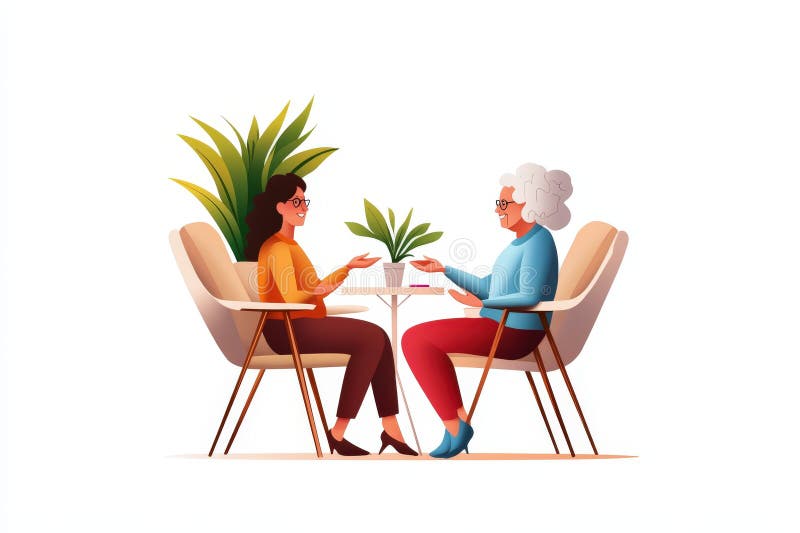 Cozy Conversation between Young Hispanic Female and Elderly Caucasian ...