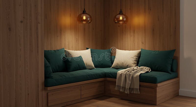 Cozy Corner Bench with Cushions and Warm Lighting for Relaxing Stock ...
