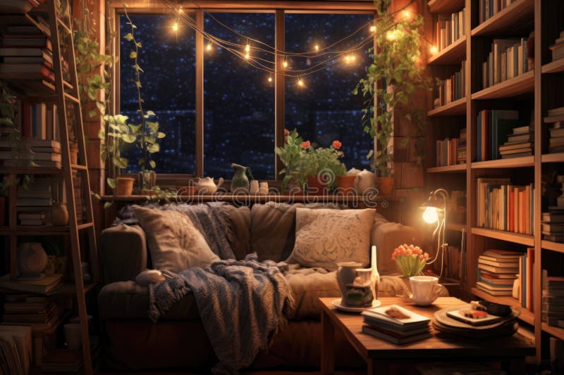 Cozy Corner with Books, Tea, and Fairy Lights Stock Image - Image of ...