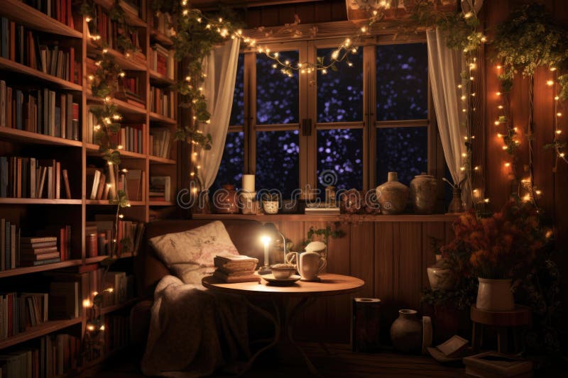 Cozy Corner with Books, Tea, and Fairy Lights Stock Illustration ...