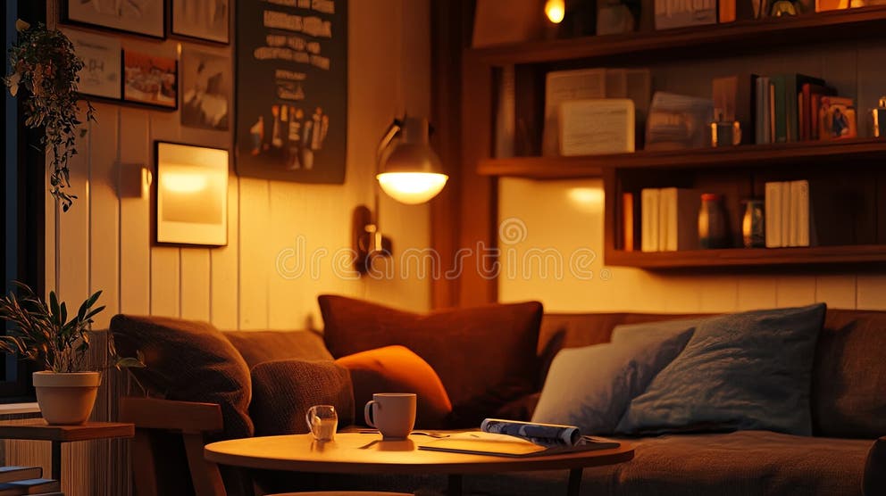 Cozy Corner Caf with Warm Lights and Comfortable Seating. Stock Image - Image of chair, table ...
