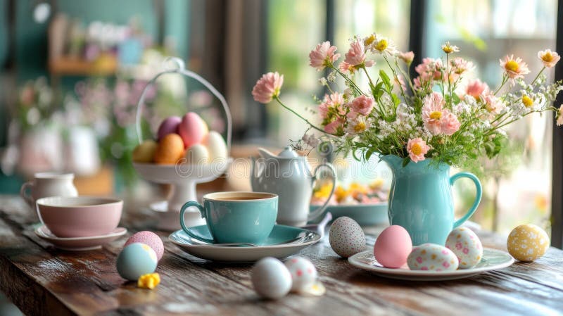 A Cozy Corner in a Cafe with a Festive Easter Breakfast Digital Pic ...