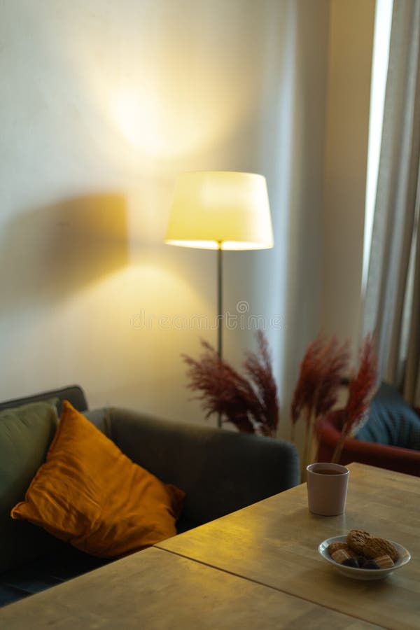 A Cozy Corner in the Cafe, a Sofa with an Orange Pillow and a Floor ...