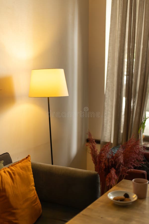 A Cozy Corner in the Cafe, a Sofa with an Orange Pillow and a Floor ...