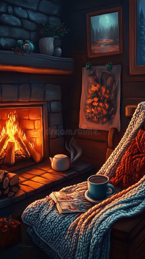 A Cozy Corner with a Fireplace, a Cup of Tea, and a Soft Knit Blanket ...