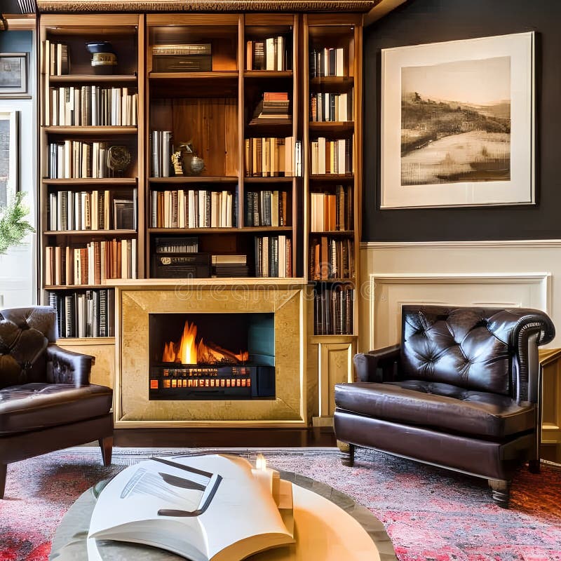 A Cozy Corner with a Fireplace, Oversized Armchairs, and a Bookcase ...