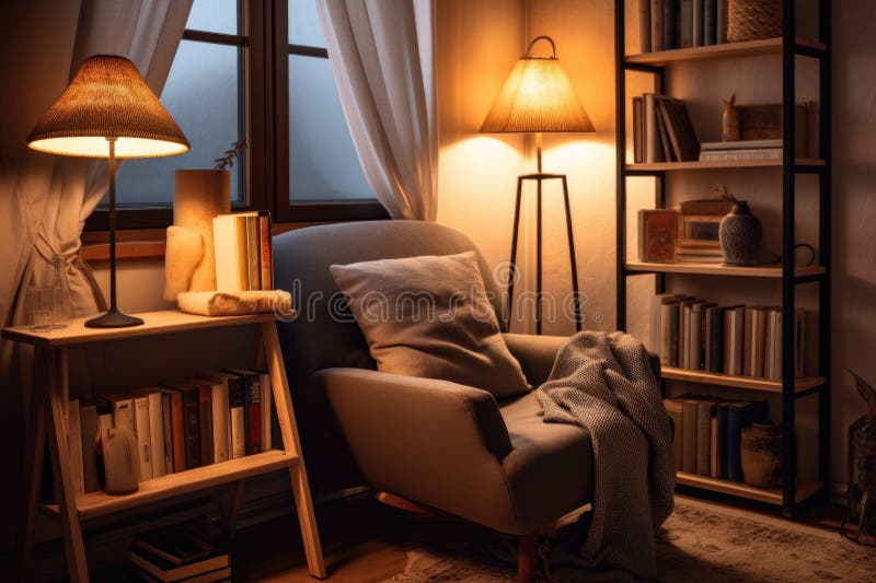 A Cozy Corner with a Minimalist Bookshelf and Lamp Stock Illustration ...
