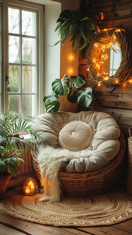 Cozy Corner with a Round Wicker Chair, Pillows, Plants, and Soft ...