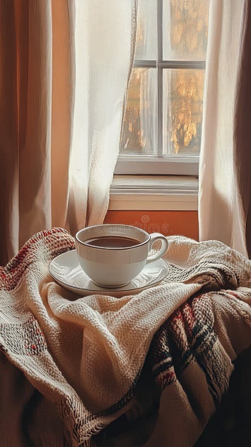 Cozy Corner with Soft Blankets and a Cup of Coffee. Stock Photo - Image ...