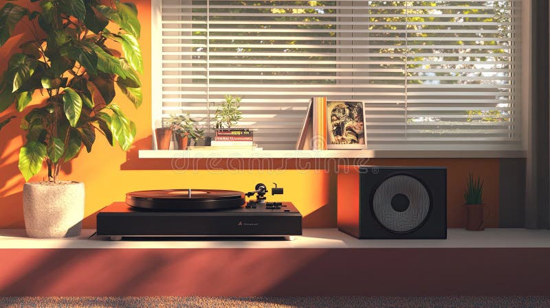A Cozy Corner with a Speaker and a Modern Turntable Playing Soft Tunes ...