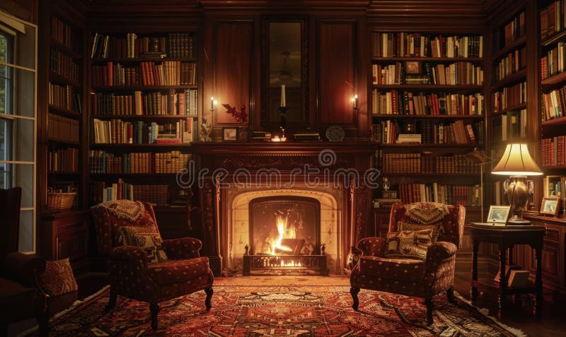 Cozy Corner of a Traditional Library with a Fireplace Stock Image ...