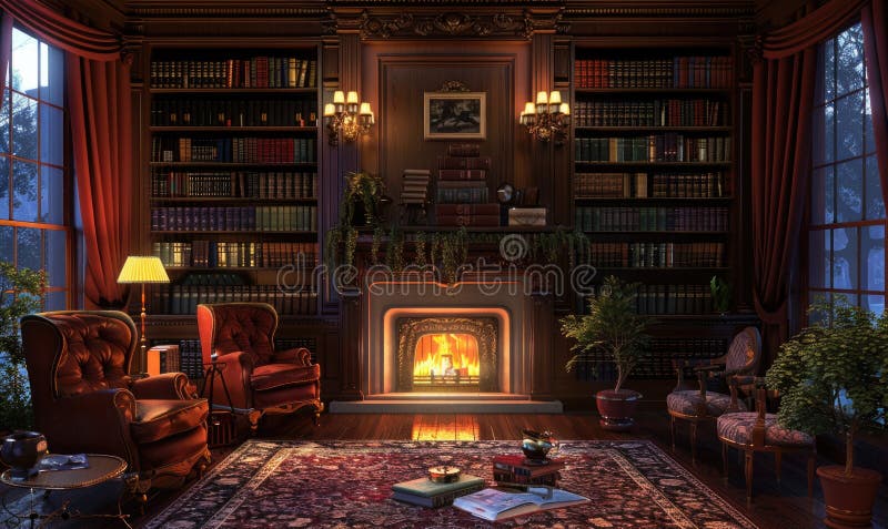 Cozy Corner of a Traditional Library with a Fireplace Stock Image ...