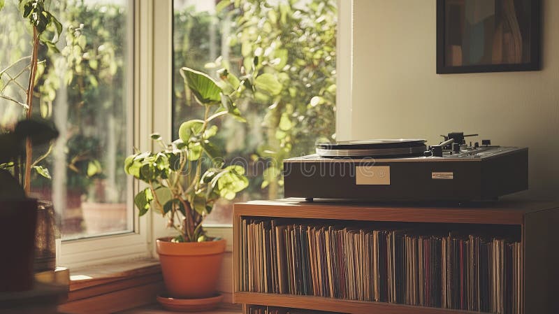 A Cozy Corner with a Vinyl Player and a Stack of Records Styled in a ...