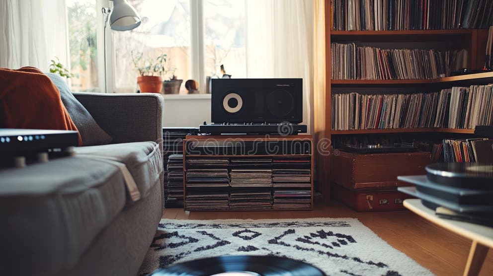 A Cozy Corner with a Vinyl Player and a Stack of Records Styled in a ...