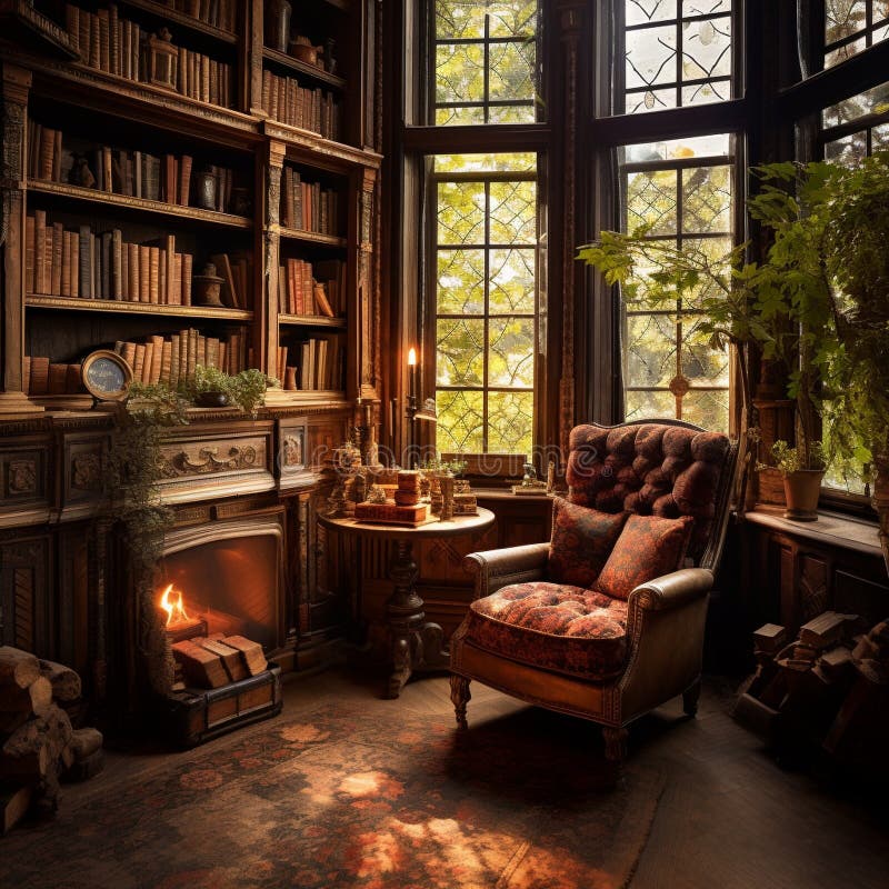 Cozy Corners and Classic Tales: Rustic Library Interior Stock Image ...