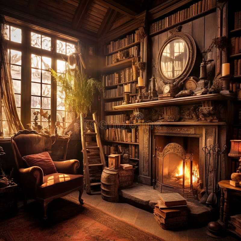 Cozy Corners and Classic Tales: Rustic Library Interior Stock Image ...