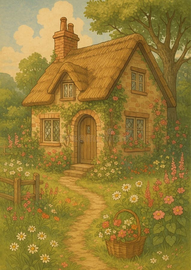 A Cozy Cottage Art Style with Flowers Stock Photo - Image of cottage ...