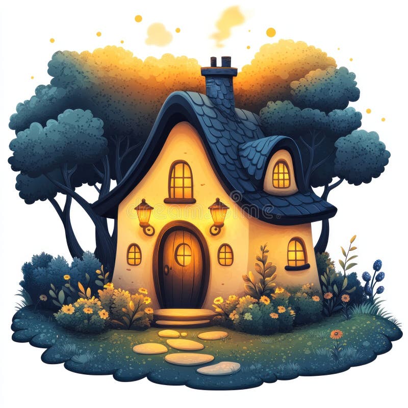 Cozy Cottage Illustration with a Stone Path and Surrounding Trees Stock ...