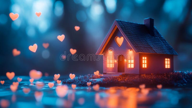 Cozy Cottage at Night with Floating Hearts Stock Illustration ...