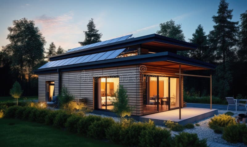 A Cozy Cottage Powered by the Sun Stock Illustration - Illustration of ...