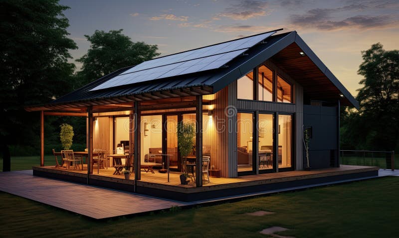 A Cozy Cottage Powered by the Sun Stock Illustration - Illustration of ...